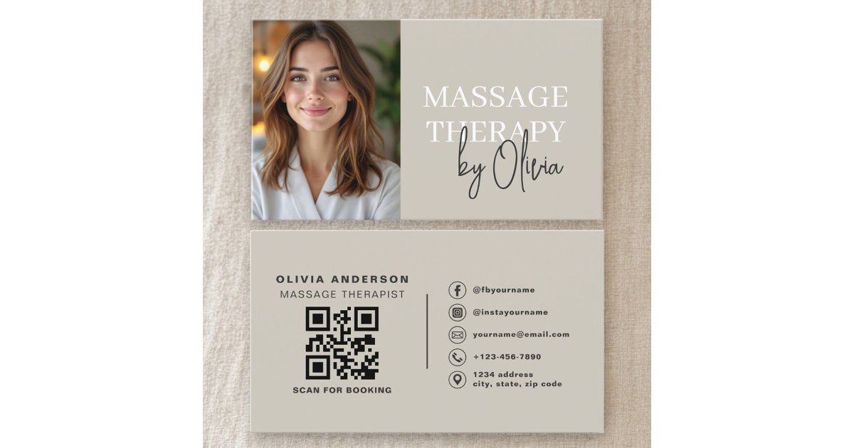 Massage Therapist QR Code Photo Business Card | Zazzle