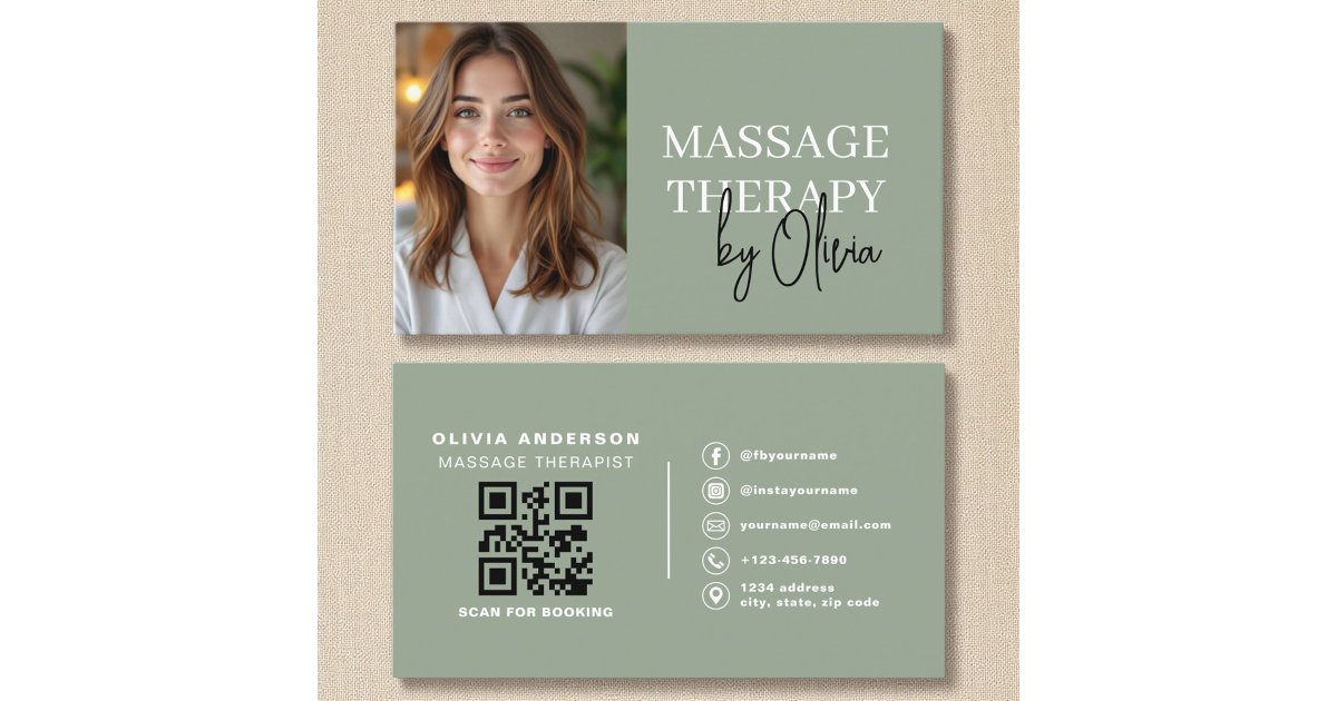 Massage Therapist QR Code Sage Green Photo Business Card | Zazzle
