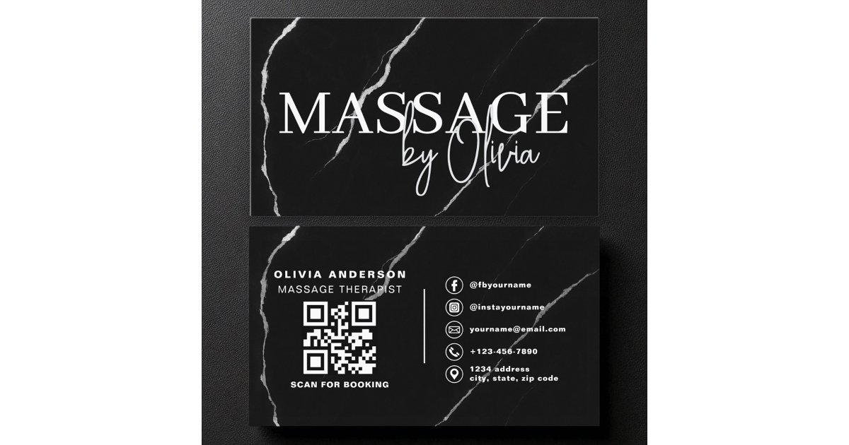 Massage Therapist QR Code Silver Black Marble Business Card | Zazzle