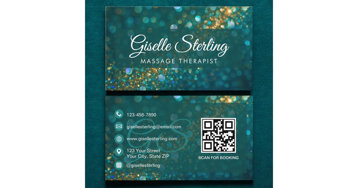 Massage Therapist Teal Gold Glitter Opal QR Code Business Card | Zazzle