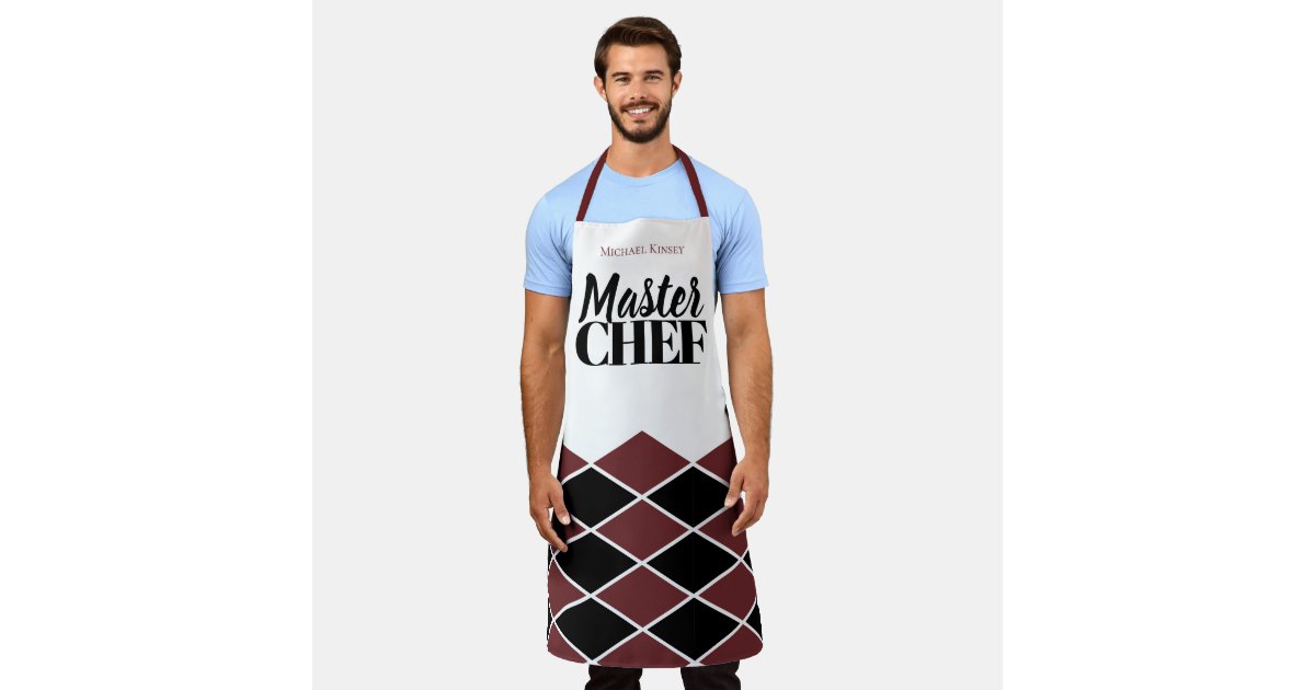 Master Chef name personalized black garnet checker Apron | Zazzle