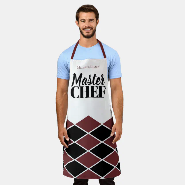 Master Chef name personalized black garnet checker Apron | Zazzle