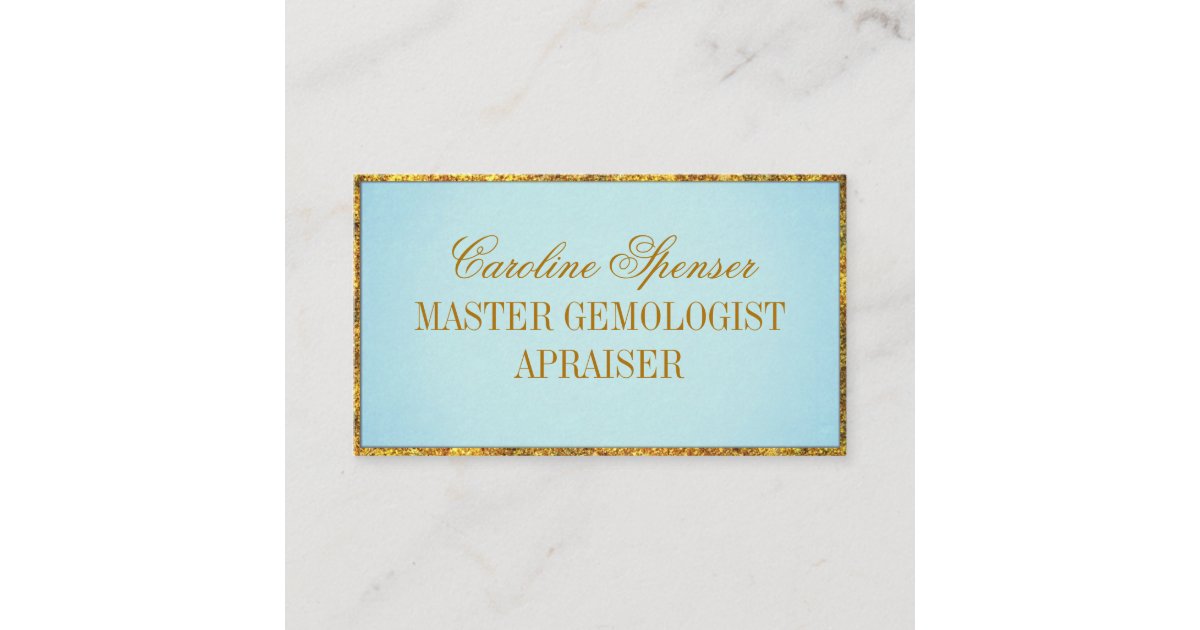 Master Gemologist Apraiser Cyan Golden Bordered Business Card | Zazzle