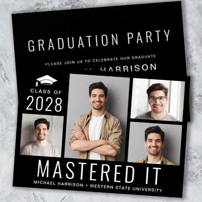 Masters Degree Photo Black Graduation Party Invitation | Zazzle