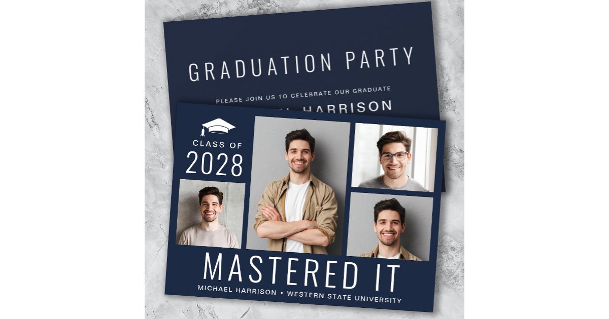 Masters Degree Photo Blue Graduation Party Invitation | Zazzle