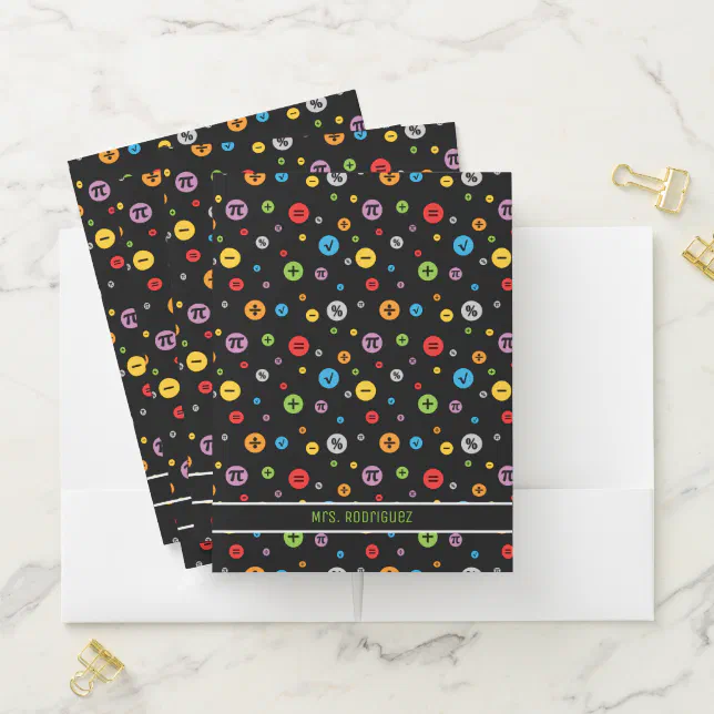 Math Symbols in Colorful Circles Pattern on Black Pocket Folder | Zazzle