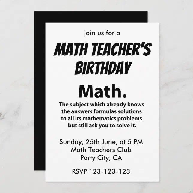 Math Typography Math Teachers Birthday Math Invitation | Zazzle