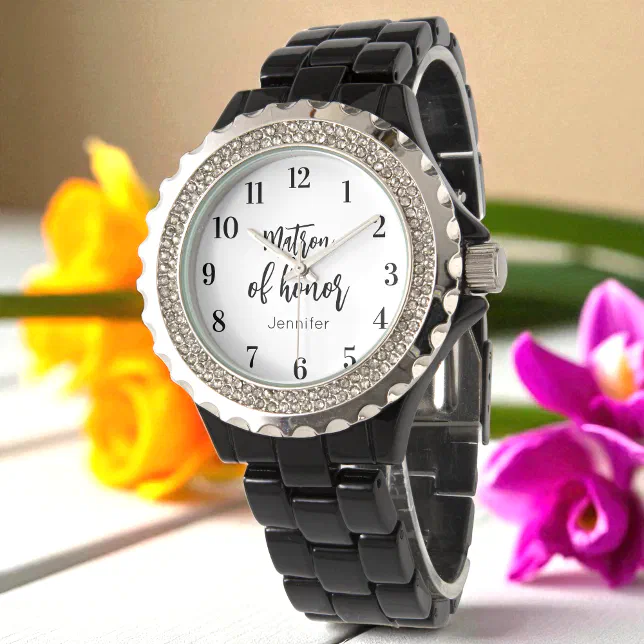 Matron of Honor Black White Wedding Watch | Zazzle