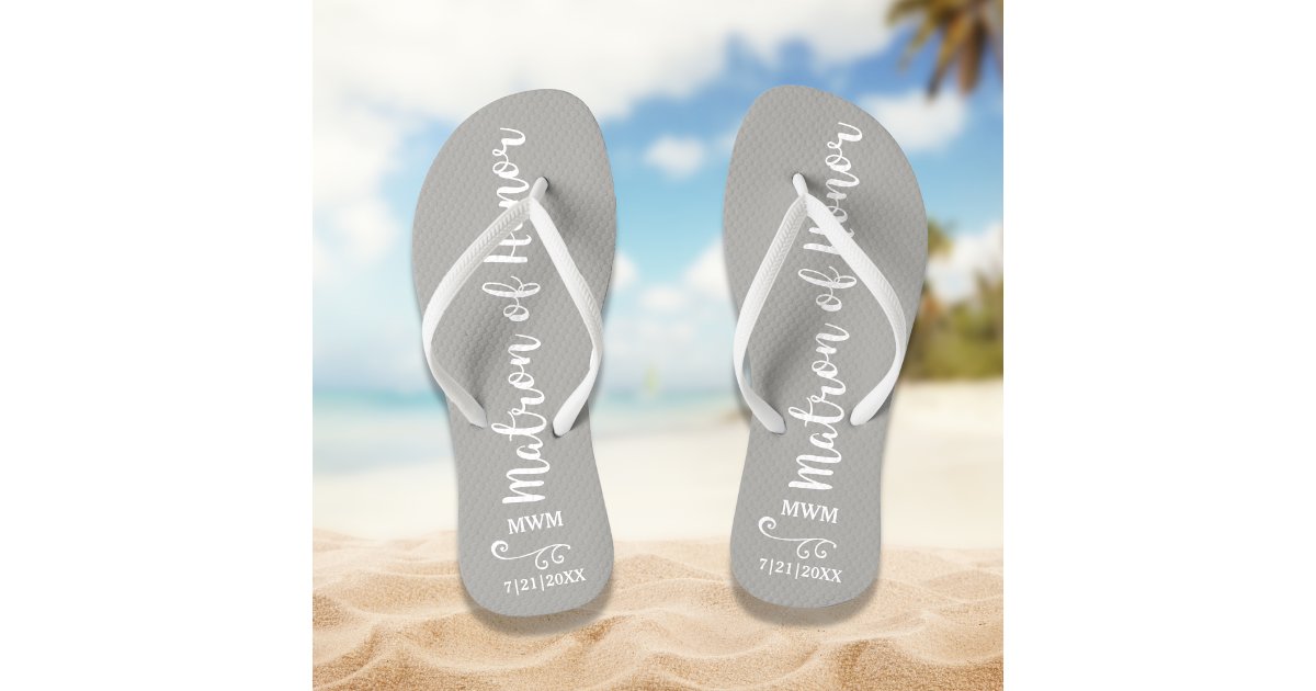 Matron of Honor Wedding Favor Name Monogram Gray Flip Flops | Zazzle