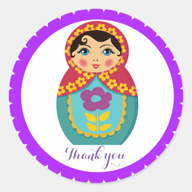 Matryoshka in Violet Border on White Classic Round Sticker | Zazzle