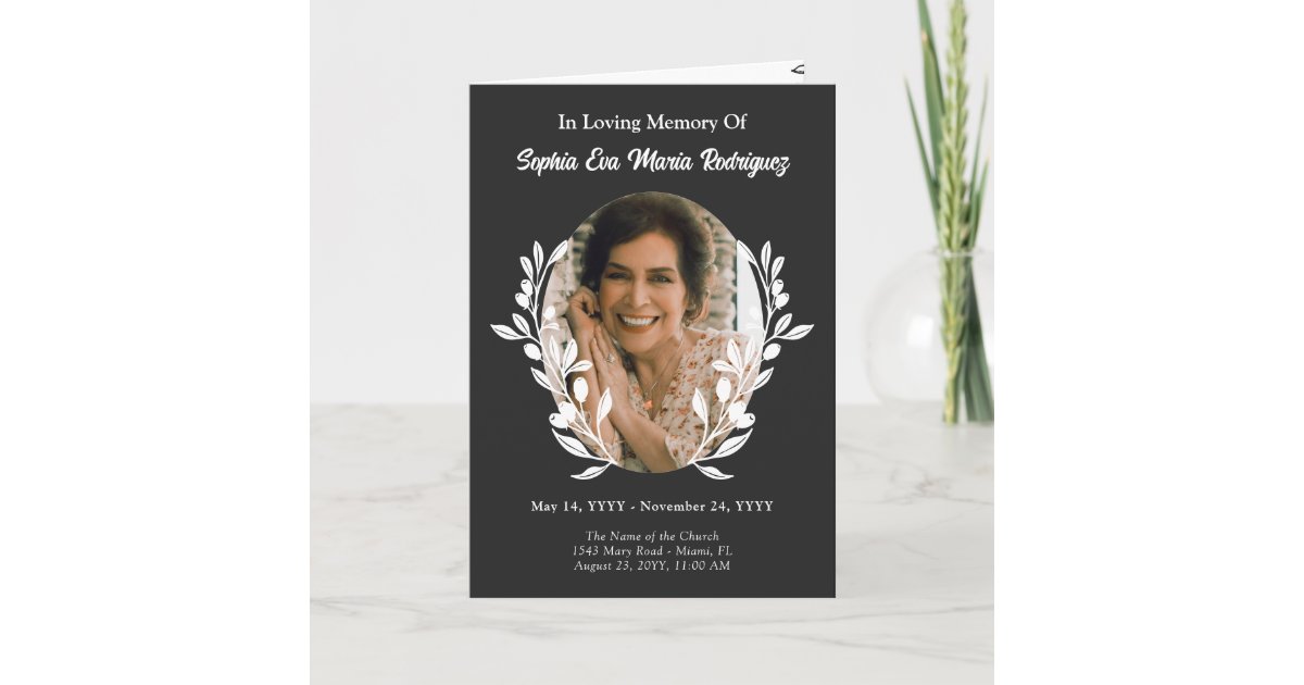 Matte Black Greenery Frame Photo In Loving Memory Program | Zazzle