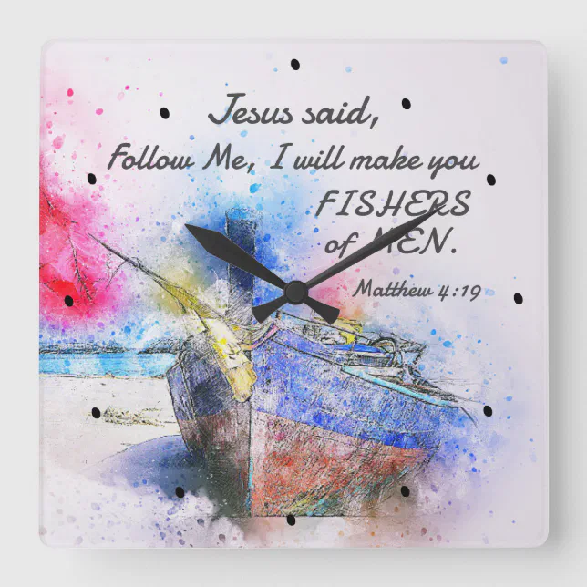 Matthew 4:19 Jesus said, Follow Me Bible Verse Square Wall Clock | Zazzle