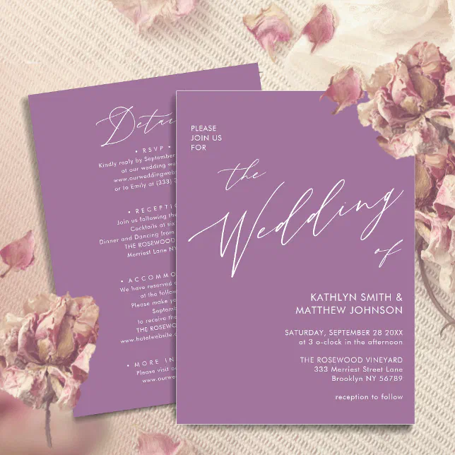 Mauve All In One Modern Script Minimalist Wedding Invitation | Zazzle
