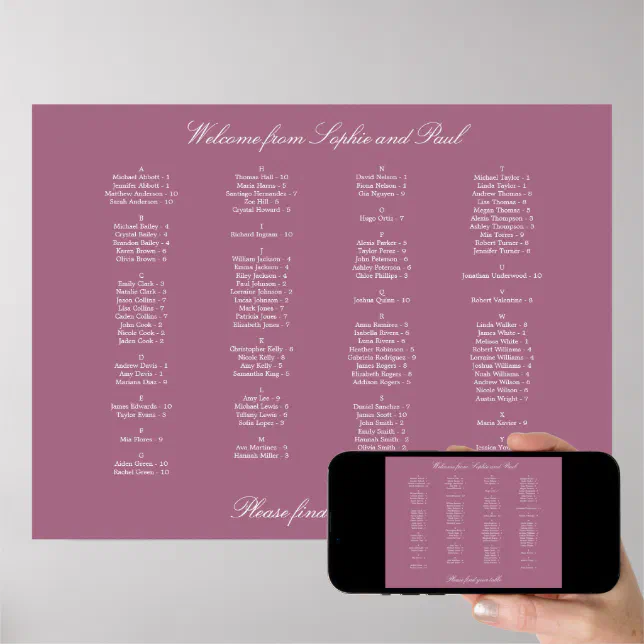 Mauve Alphabetical Seating Chart Poster | Zazzle