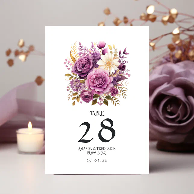 Mauve and Gold Floral Wedding Table Number | Zazzle