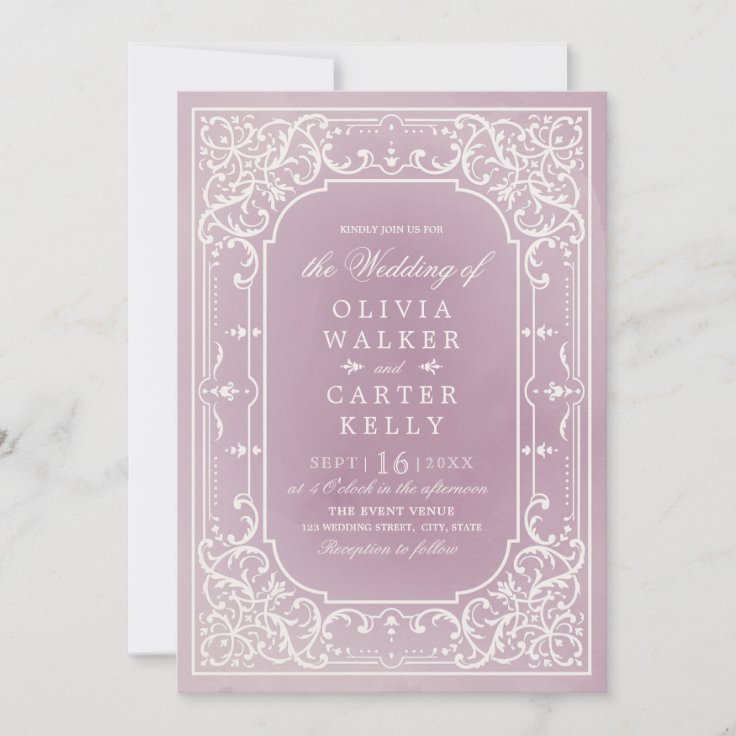 Mauve elegant ornate romantic vintage wedding invitation | Zazzle