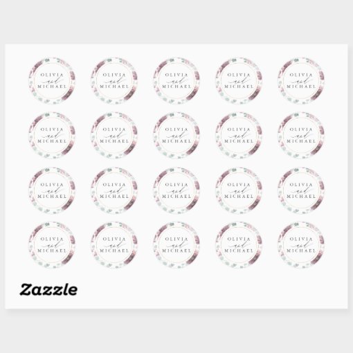 Mauve Flowers and Gold Frame Elegant Wedding Classic Round Sticker | Zazzle