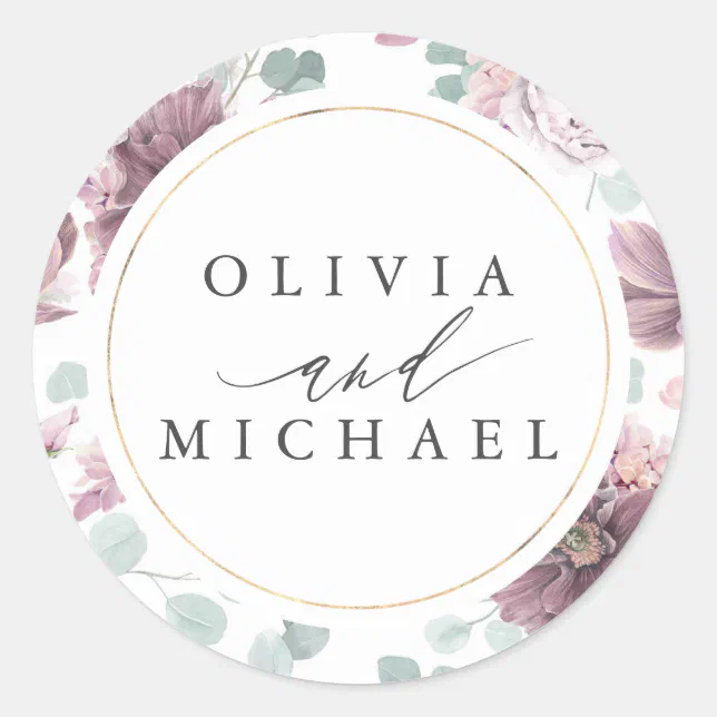 Mauve Flowers and Gold Frame Elegant Wedding Classic Round Sticker | Zazzle