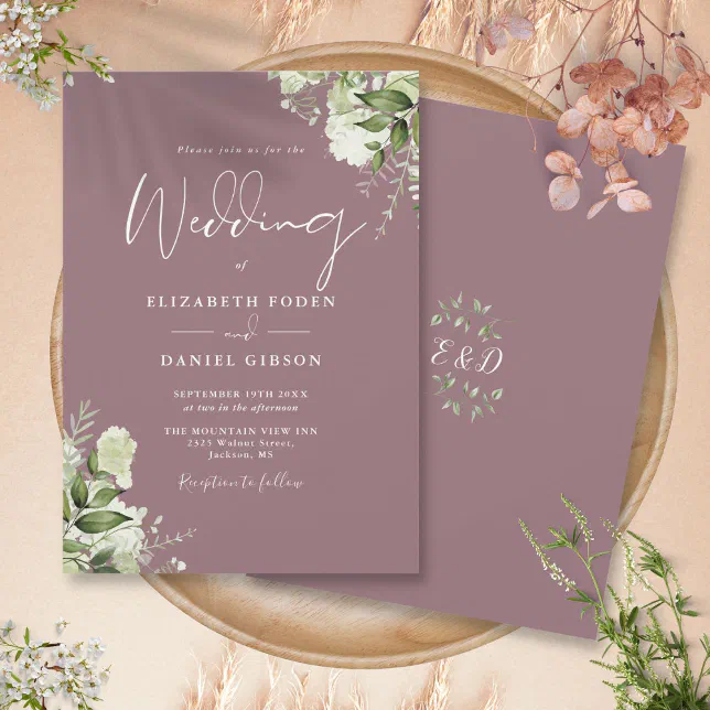 Mauve Greenery Floral Monogram Wedding Invitation | Zazzle