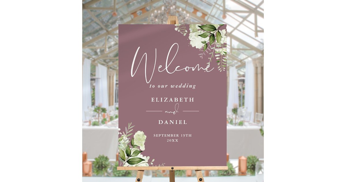 Mauve Greenery Floral Wedding Welcome Sign | Zazzle
