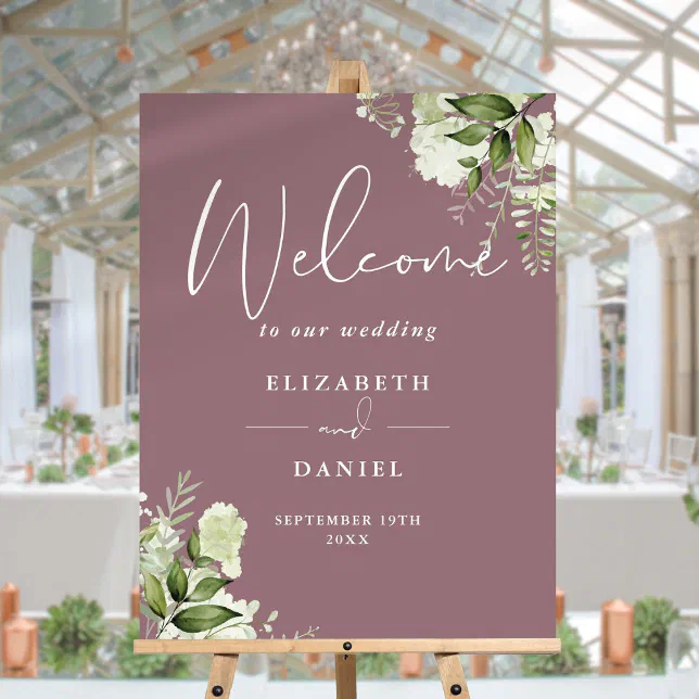 Mauve Greenery Floral Wedding Welcome Sign | Zazzle