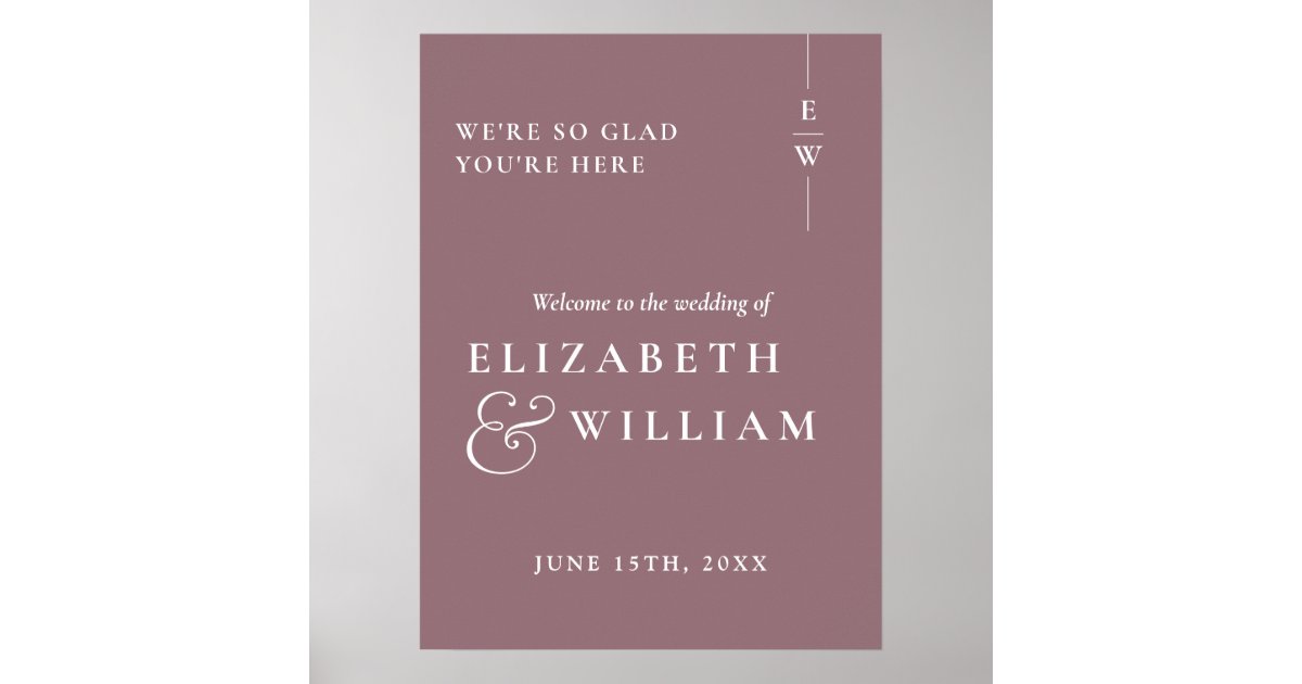 Mauve Minimalist Monogram Wedding Welcome Sign | Zazzle