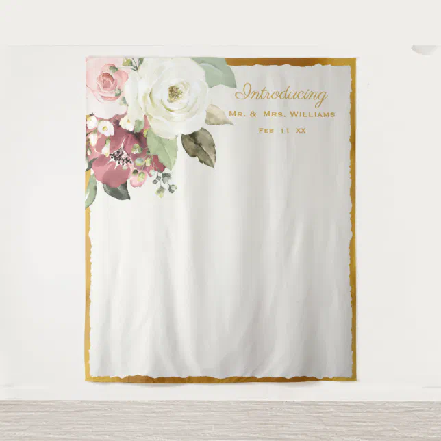 Mauve Pink Floral Gold Edge Wedding Photo Backdrop | Zazzle