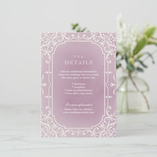 Mauve romantic vintage wedding details card | Zazzle