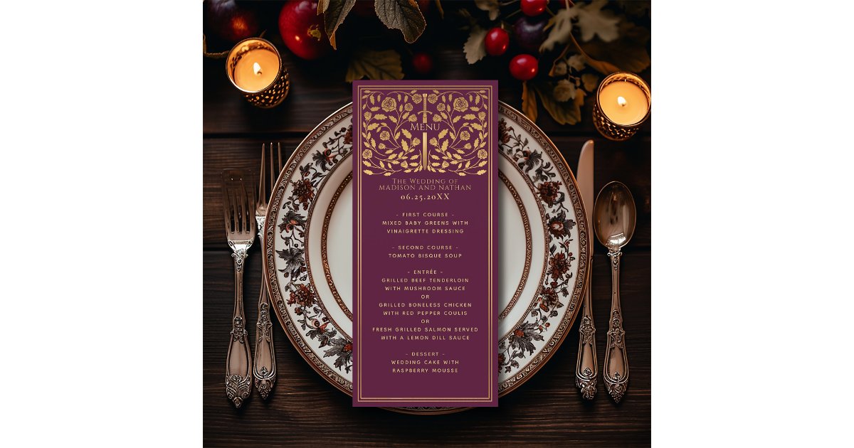 Mauve Royal Medieval Sword Wedding Flat Menu | Zazzle