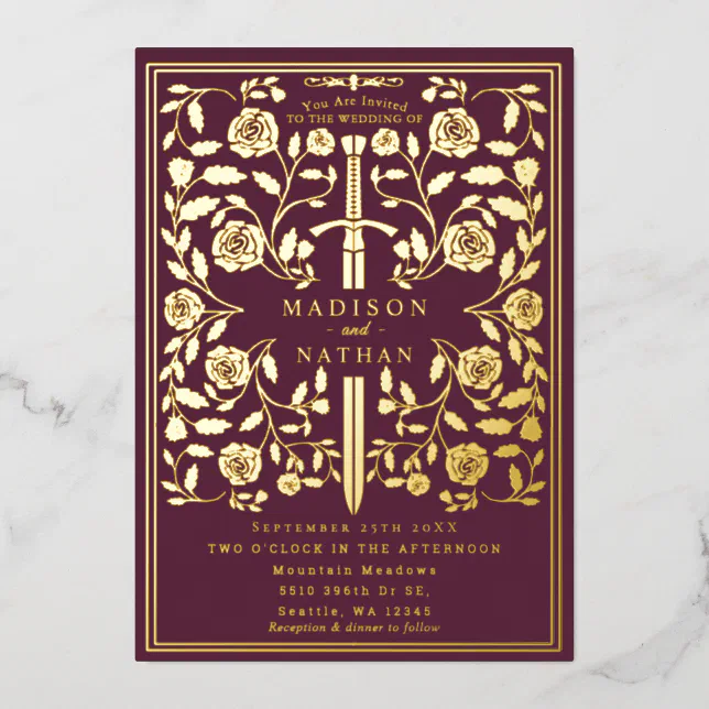 Mauve Royal Medieval Sword Wedding Foil Invitation | Zazzle