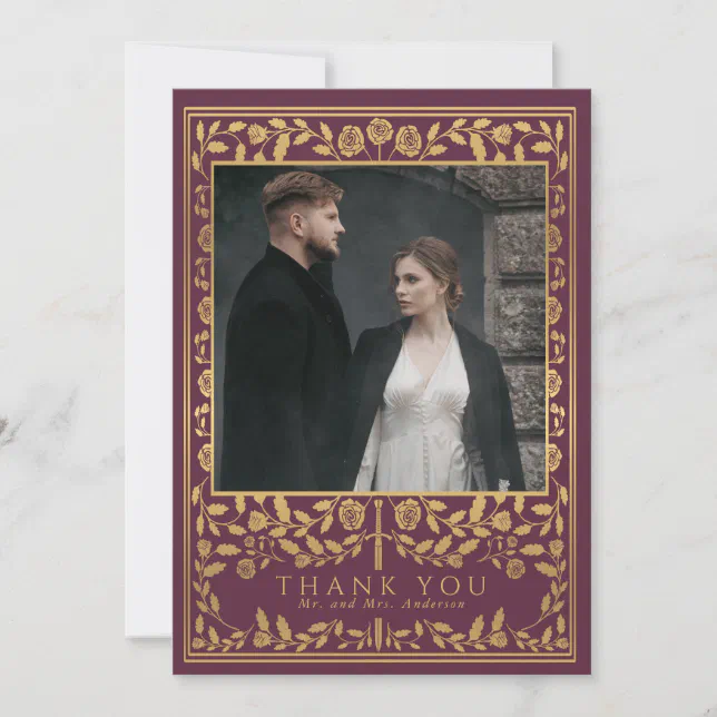 Mauve Royal Medieval Sword Wedding Thank You Card | Zazzle