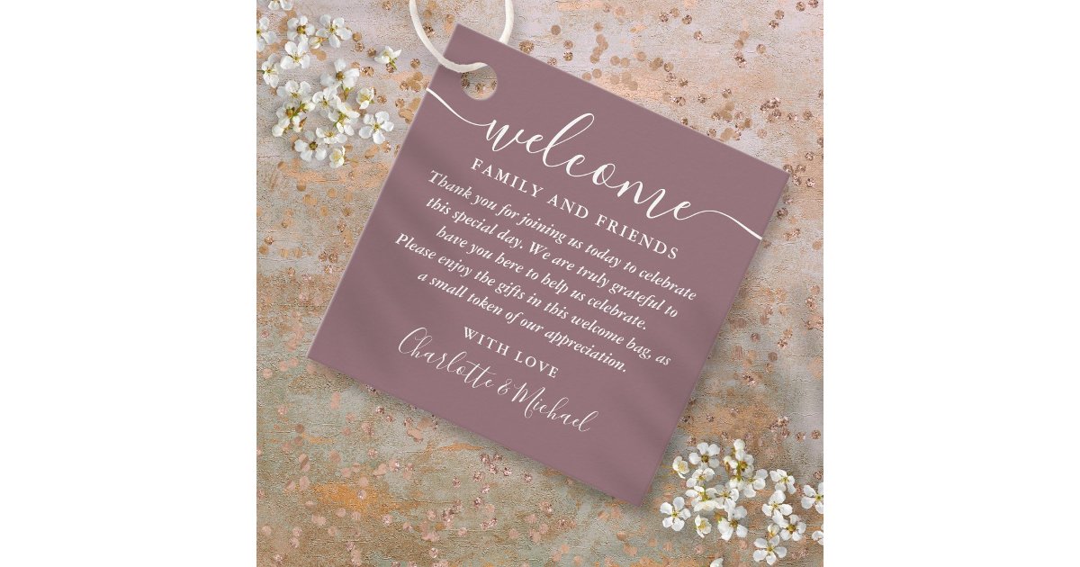 Mauve Script Wedding Welcome Gift Basket Bag Favor Tags | Zazzle