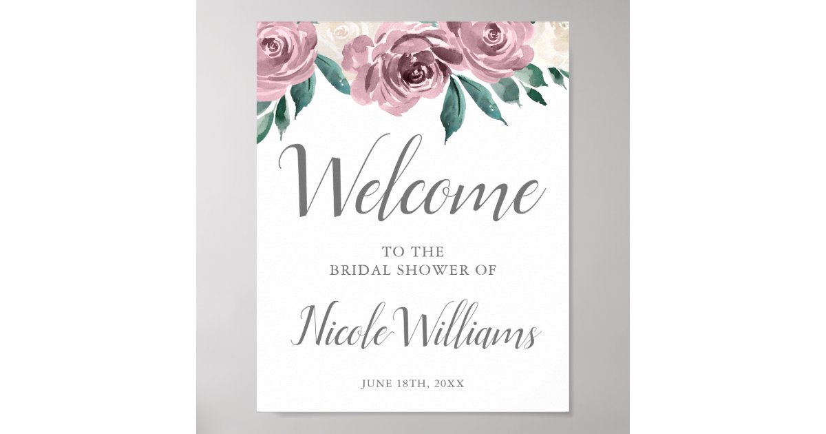 Mauve Watercolor Rose Floral Bridal Shower Welcome Poster | Zazzle.com