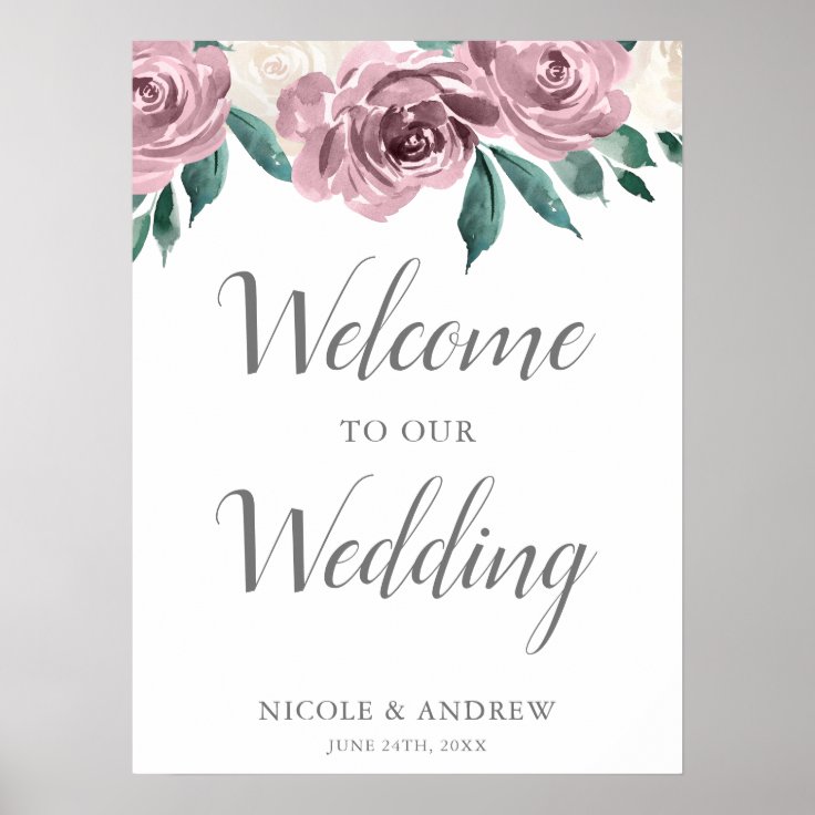 Mauve Watercolor Roses Floral Wedding Welcome Poster | Zazzle