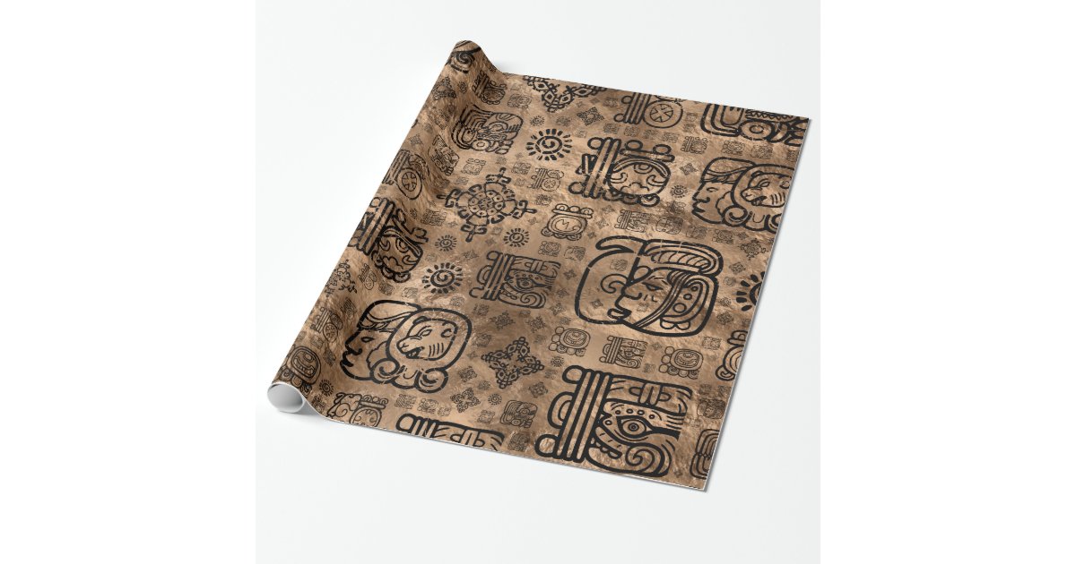 Mayan glyphs and ornaments pattern -black on gold wrapping paper | Zazzle