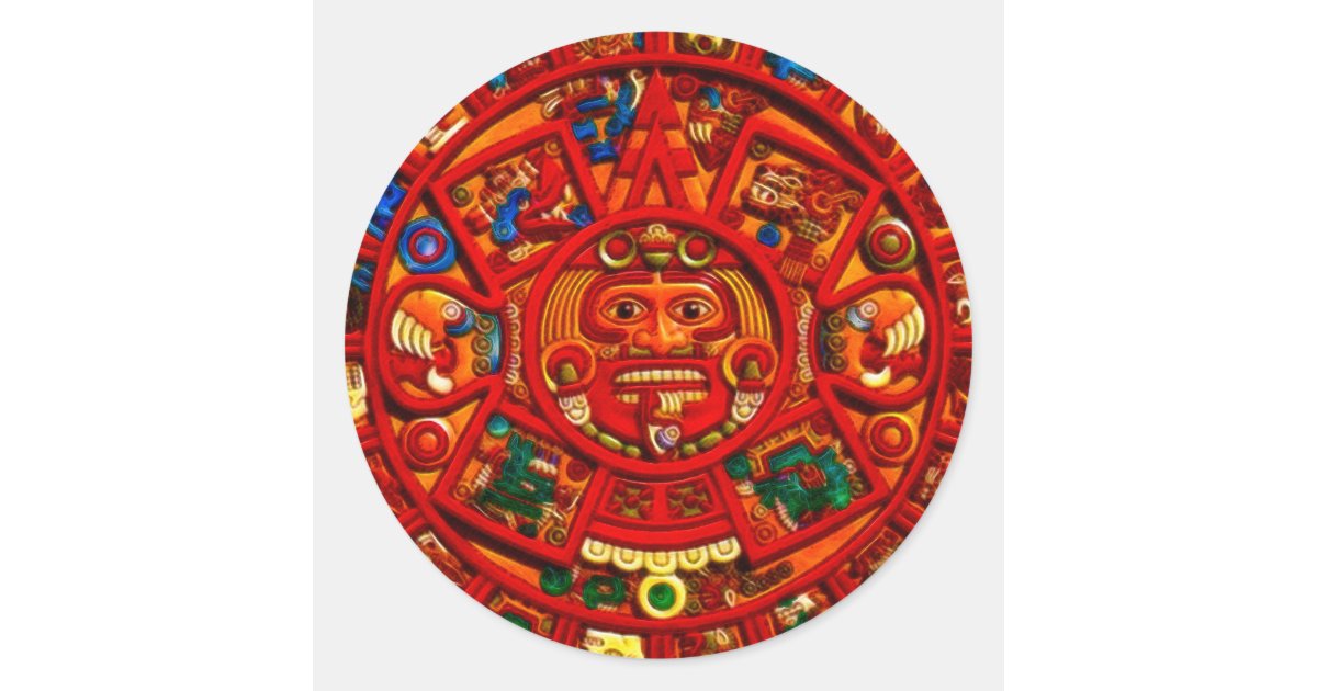 MAYAN Sun Calendar of Mexico (Red version) Classic Round Sticker | Zazzle