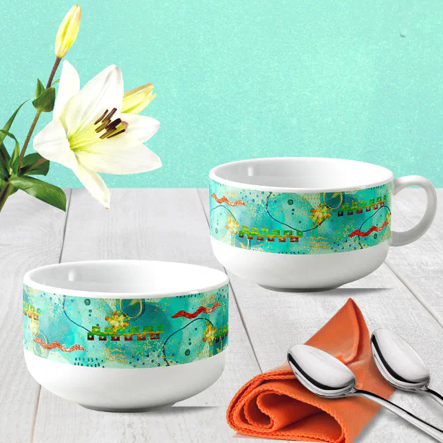 Mayan Turquoise & Golden Misty Sky Soup Mug | Zazzle