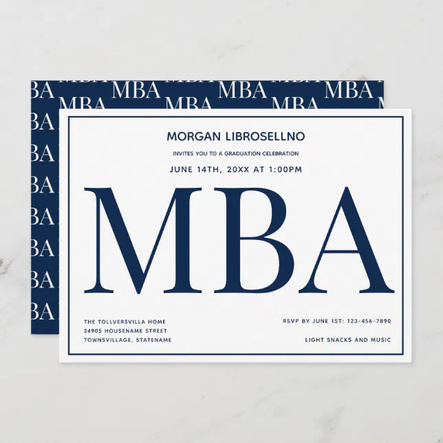 MBA degree Blue White Graduation Party Invitation | Zazzle