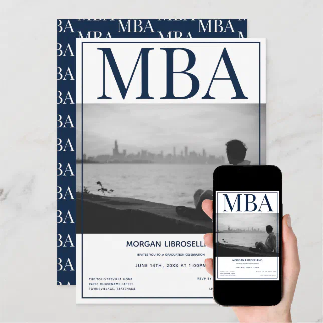 MBA degree White Blue Photo Graduation Party Invitation | Zazzle