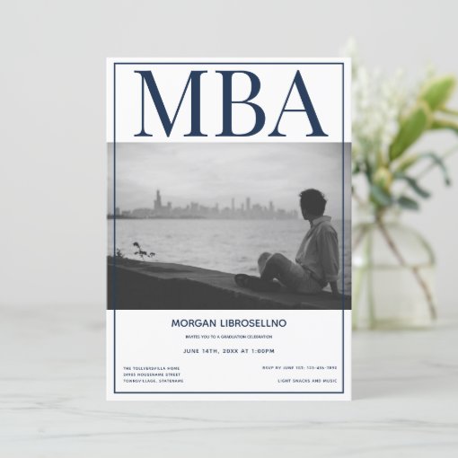 MBA degree White Blue Photo Graduation Party Invitation | Zazzle