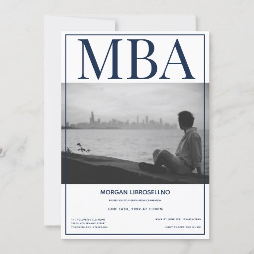 MBA degree White Blue Photo Graduation Party Invitation | Zazzle