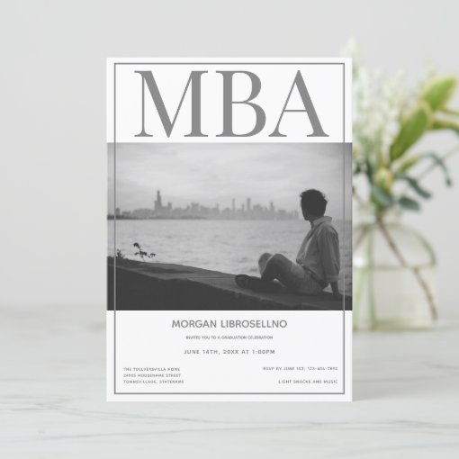 MBA degree White Gray Photo Graduation Party Invitation | Zazzle
