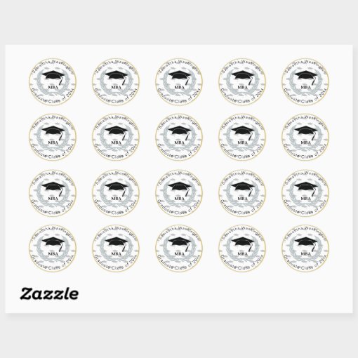 MBA Masters Graduate Cap Pattern Gold Border Classic Round Sticker | Zazzle