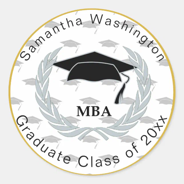 MBA Masters Graduate Cap Pattern Gold Border Classic Round Sticker | Zazzle