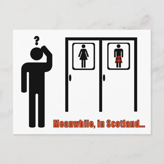 Meanwhile, in Scotland funny Scottish kilt joke Postcard | Zazzle