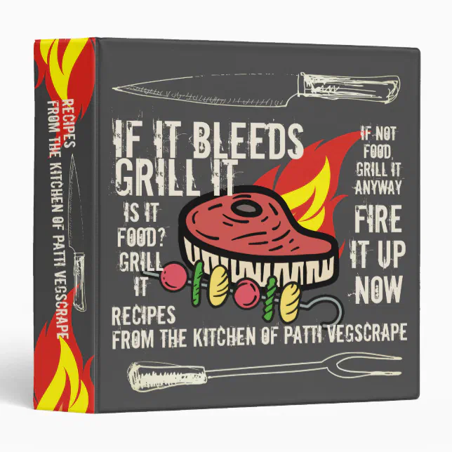 Meat grilling flames family cookbook recipe binder | Zazzle