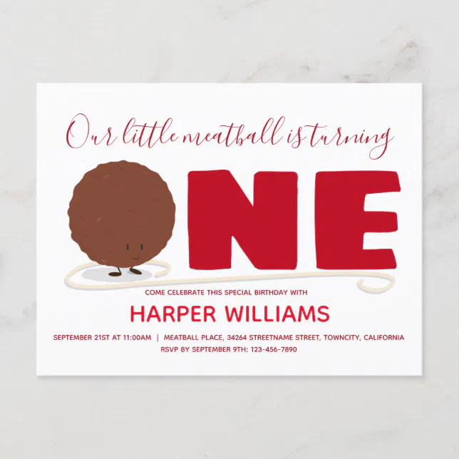 Meatball One First Birthday Invitation Postcard | Zazzle