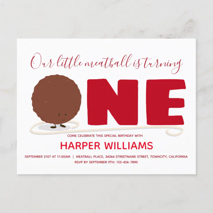 Meatball One First Birthday Invitation Postcard | Zazzle