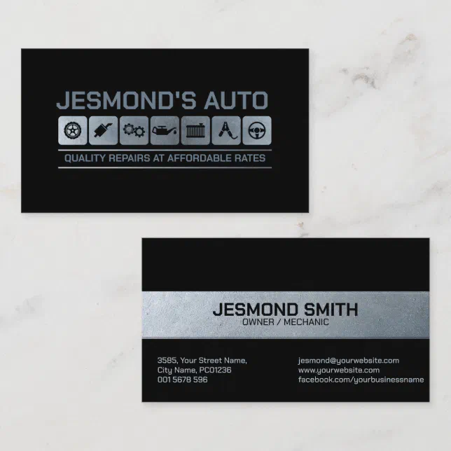 Mechanic Auto Repair Metallic Icons Business Card | Zazzle