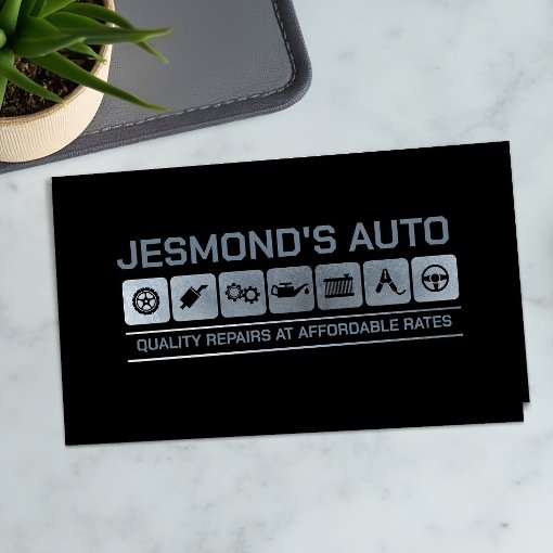 Mechanic Auto Repair Metallic Icons Business Card | Zazzle